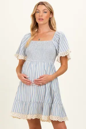 PINKBLUSH Striped Smocked Lace Trim Dress - Light Blue