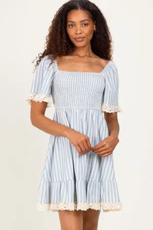 PINKBLUSH Striped Smocked Lace Trim Dress