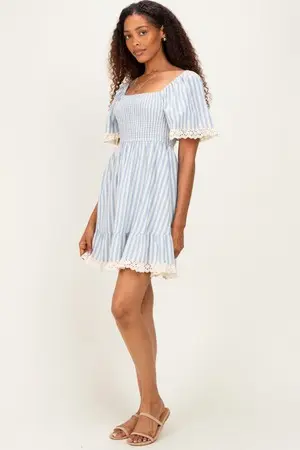 PINKBLUSH Striped Smocked Lace Trim Dress