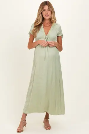 PINKBLUSH Satin Lace Detail Maxi Dress - Light Olive
