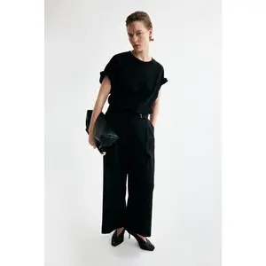 H&M Belted Straight-leg Ankle Pants - Black