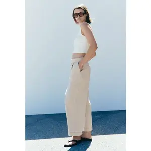 H&m Straight-leg Pants With Belt - Light Beige
