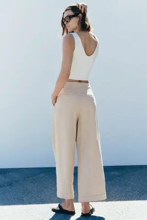 H&m Straight-leg Pants With Belt - Light Beige