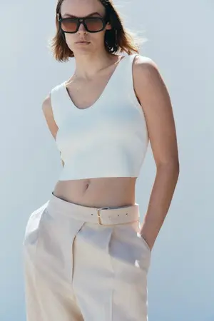 H&m Straight-leg Pants With Belt - Light Beige