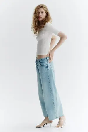 H&m Regular-waist Wide-leg Ankle Jeans - Light Denim Blue