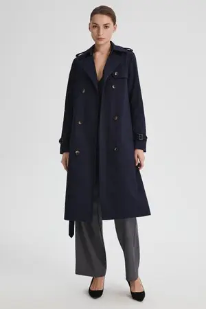 OROLAY Long Classic Trench Coat - Navy