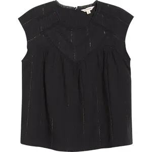 Lucky Brand Lace Inset Yoke Metallic Cotton Top - Caviar