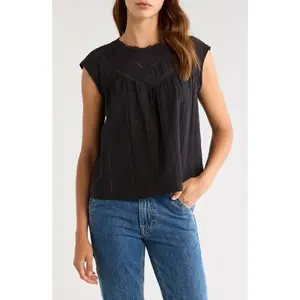 Lucky Brand Lace Inset Yoke Metallic Cotton Top