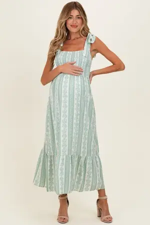 PINKBLUSH Floral Stripe Smocked Shoulder Tie Midi Dress - Light Olive