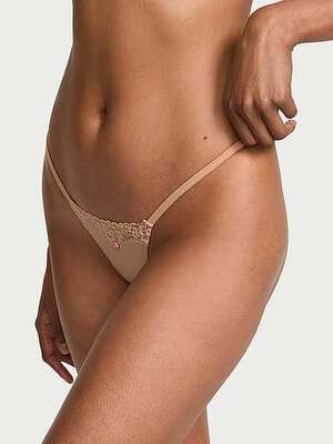 Victoria's Secret Lace Trim Cotton Lace-trim Itsy V-string Panty Beige