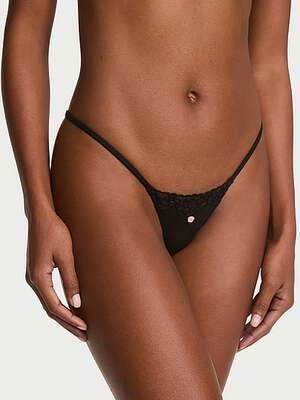 Victoria's Secret Lace Trim Cotton Lace-trim Itsy V-string Panty Black