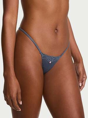 Victoria's Secret Lace Trim Cotton Lace-trim Itsy V-string Panty Blue