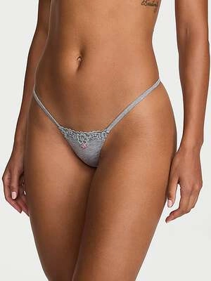 Victoria's Secret Lace Trim Cotton Lace-trim Itsy V-string Panty - Grey