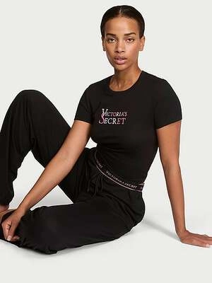 Victoria's Secret 100% Cotton Tee Long Pajama Set Black