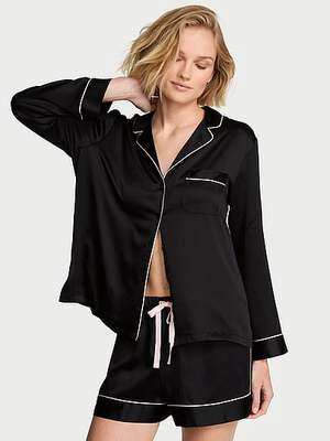 Victoria's Secret Signature Satin Long-sleeve Short Pajama Set - Black