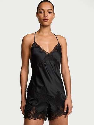 Victoria's Secret Very Sexy Satin Asymmetric Cami Top With Rose Lace Trim - Black