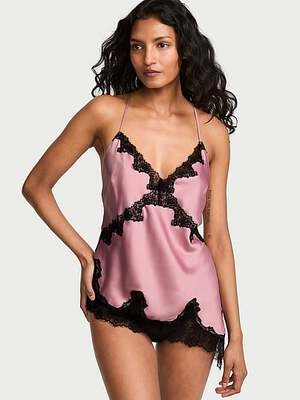 Victoria's Secret Very Sexy Satin Asymmetric Cami Top With Rose Lace Trim - Pink