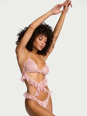 Victoria's Secret Dream Angels Lace Flutter Halter Peekaboo Teddy - Pink