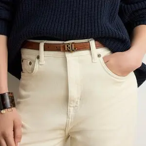 Ralph Lauren Logo Reversible Embossed Skinny Belt - Lauren Tan