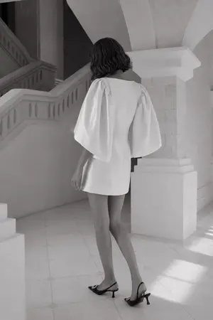 SWF Sculpted Sleeve Mini Dress In Silk Linen Blend - Ivory