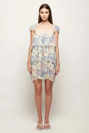 SWF Boutique Tiered Cap Sleeve Mini Dress With Lace Trim