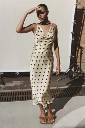 SWF Bias-cut Cowl Midi Dress With Polka Dots