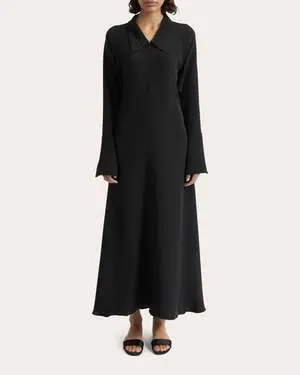 JOAEN Lea Silk Crepe Collared A-line Dress - Black