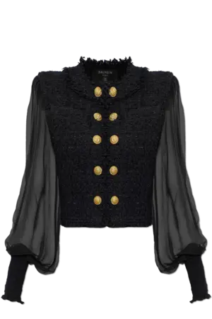 Balmain Textured Tweed Cardigan With Sheer Sleeves - Black