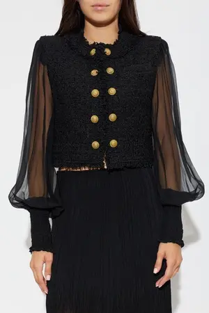 Balmain Textured Tweed Cardigan With Sheer Sleeves