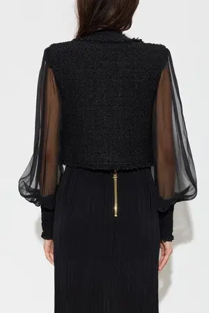Balmain Textured Tweed Cardigan With Sheer Sleeves
