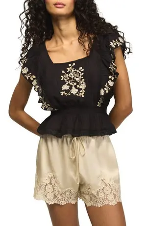 Lucky Brand Embroidered Flutter Sleeve Cotton Gauze Top - Caviar