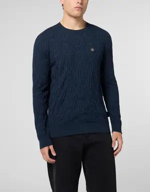 Philipp Plein Jacquard Round Neck Pullover Monogram - Navy