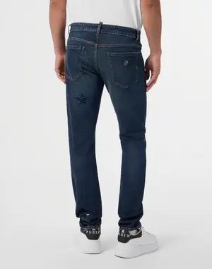 Philipp Plein Super Straight Cut Jeans With Star-shaped Croco-skin Patches