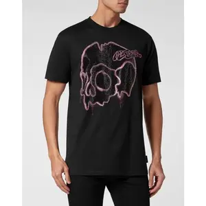 Philipp Plein T-shirt Round Neck Ss With Crystals Dripping Skull - Black