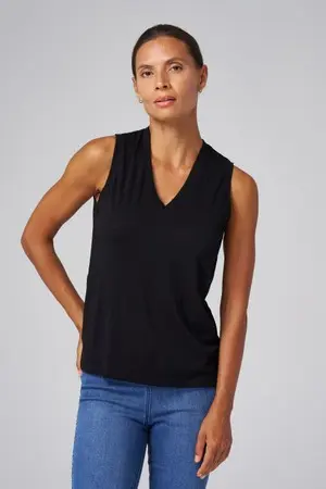 FRANNE GOLDE Slub Jersey V-neck Sleeveless Tank - Black