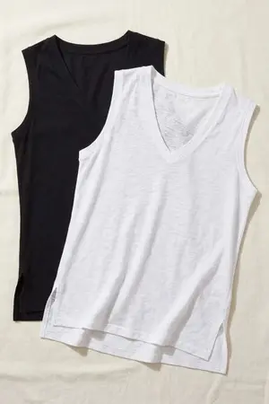 FRANNE GOLDE Slub Jersey V-neck Sleeveless Tank - Black