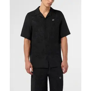 Philipp Plein Embroidered Linen Bowling Shirt Tattoo Strass - Black/black