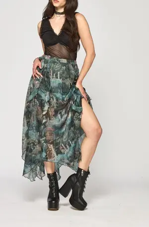DISTURBIA Thalassa Print Hanky Hem Midi Skirt