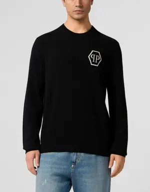 Philipp Plein Pure Cashmere Roundneck Pullover With Jacquard Hexagon Logo - Black