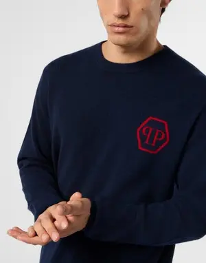 Philipp Plein Pure Cashmere Roundneck Pullover With Jacquard Hexagon Logo - Navy