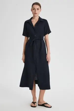 OROLAY Classic Linen Shirt Maxi Dress With Adjustable Waist Tie - Navy