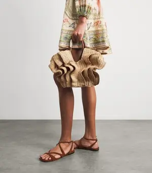 Zimmermann Small Raffia Goldentime Ruffle Tote Bag