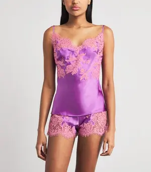 MARJOLAINE Silk Floral Tess Camisole With Lace Panels - Purple