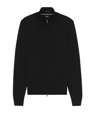 Hugo Boss Zip-up Sweater In Merino Wool - Black
