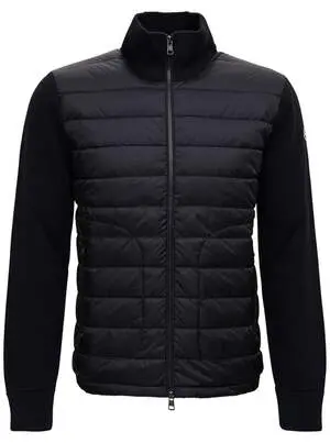 Moncler Black Cardigan With Logo Patch On The Sleeve In Tech Fabric And Wool - Multicolor