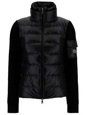 Moncler Black Down-filled Cardigan With High Neck And Logo Patch In Nylon - Multicolor