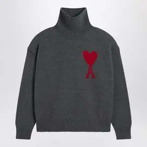 AMI Paris Grey Turtleneck Sweater De Coeur - Gray