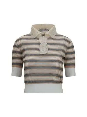 ERMANO SCERVINO Ermanno Scervino Striped Lace-collar Short-sleeve Knit Top - Cream