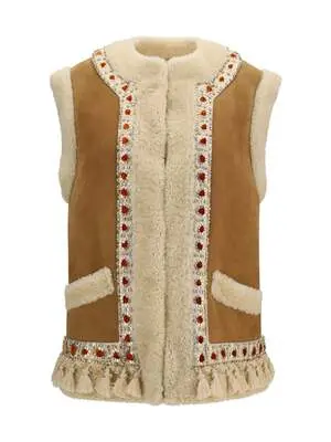 Valentino Garavani Suede And Fur Vest With Embellishments - Cream