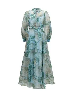 NISSA Printed Organza Maxi Dress - Blue